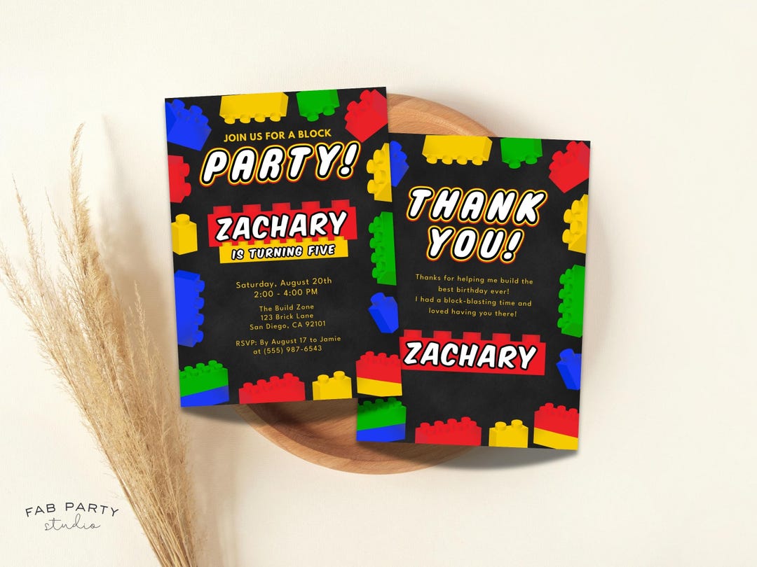 Building Blocks Birthday Invitation & Thank You Card | Toy Bricks Theme ...