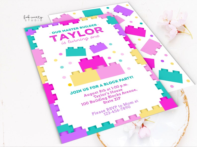 Pastel Building Blocks Birthday Invitation Thank You Card - Etsy