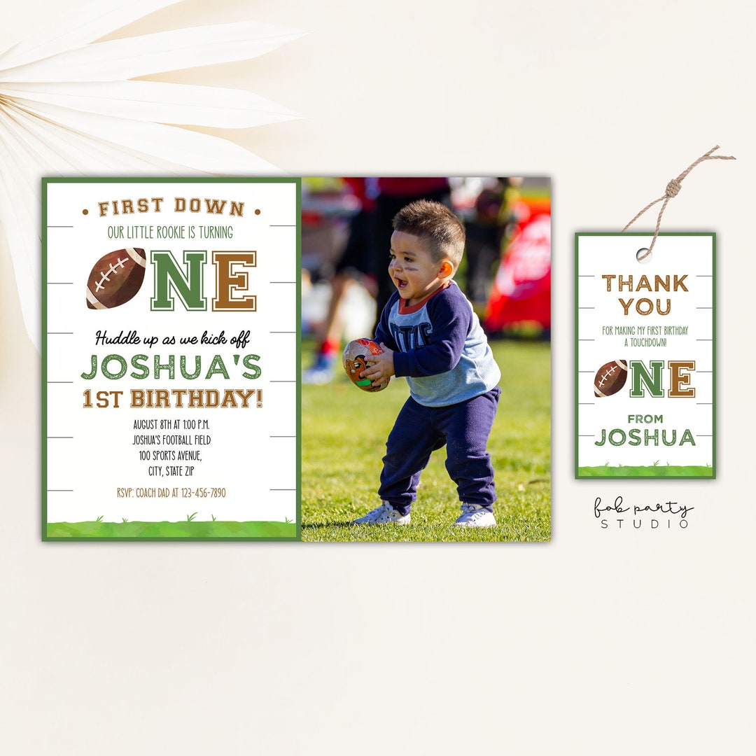 Football First Down Birthday Party Invitation With Photo Favor Tag, Boy ...