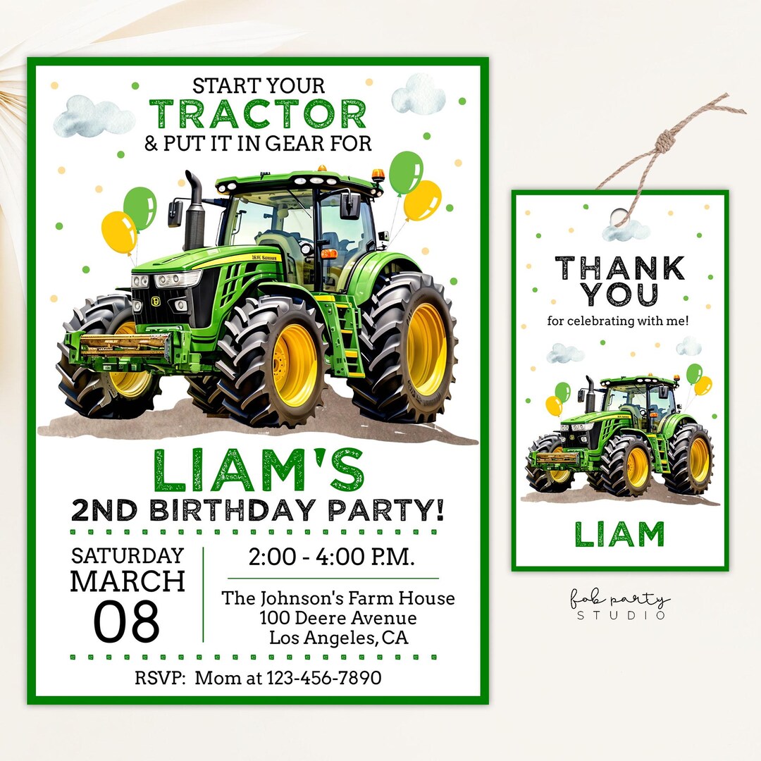 Green Tractor Birthday Invitation & Favor Tag | Rustic Farm Theme ...