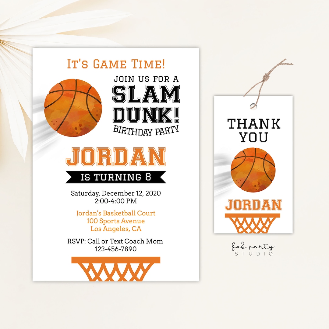 Basketball Birthday Party Invitation & Favor Tag Template, Custom ...