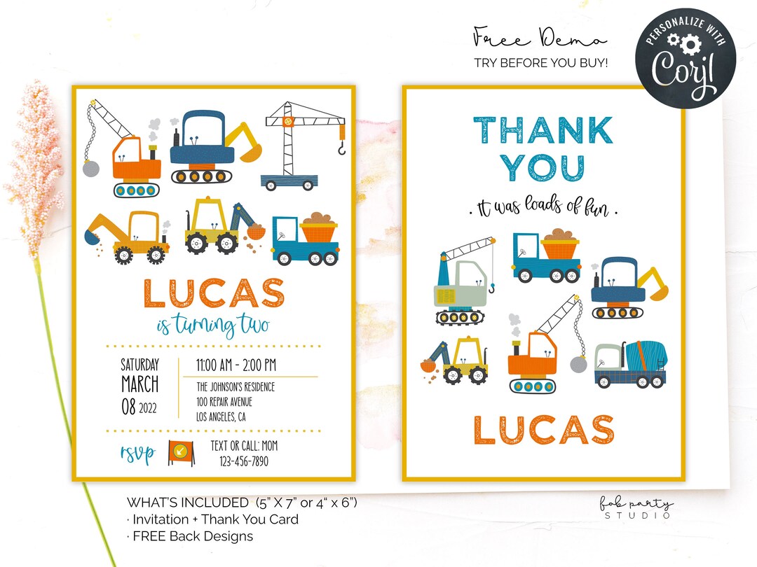 Diggers Birthday Party Invitation Thank You Card - Etsy