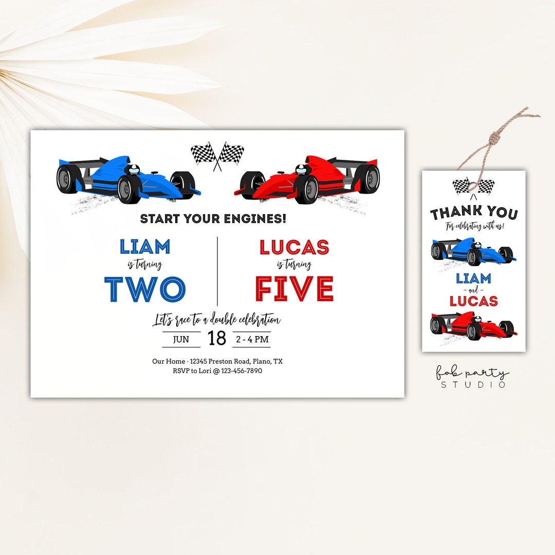 Modern Red & Blue Race Car Joint Birthday Party Invitation Favor Tag ...