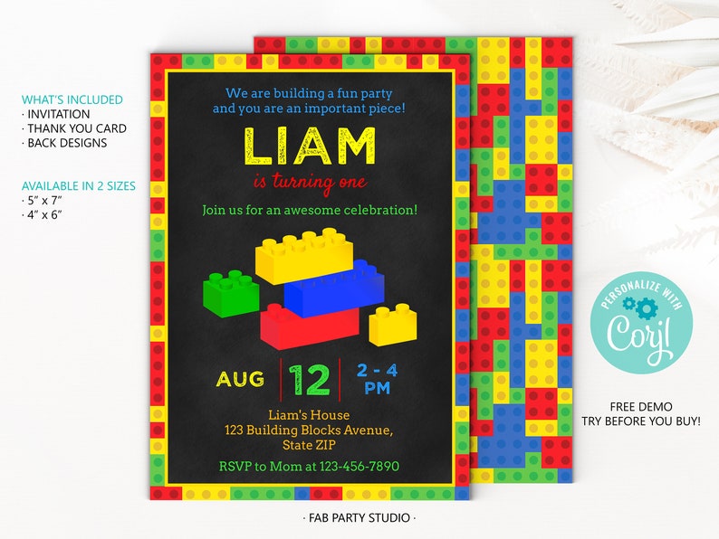 Building Blocks Birthday Party Invitation Colorful Bricks - Etsy