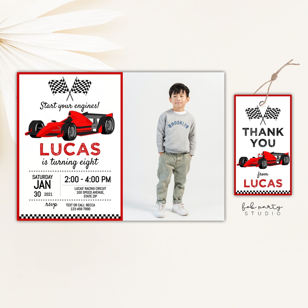 Red Race Car Birthday Party Invitation With Photo Favor Tag, Kids Speed ...