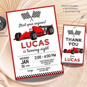 Red Race Car Birthday Party Invitation + Favor Tag Digital Template ...