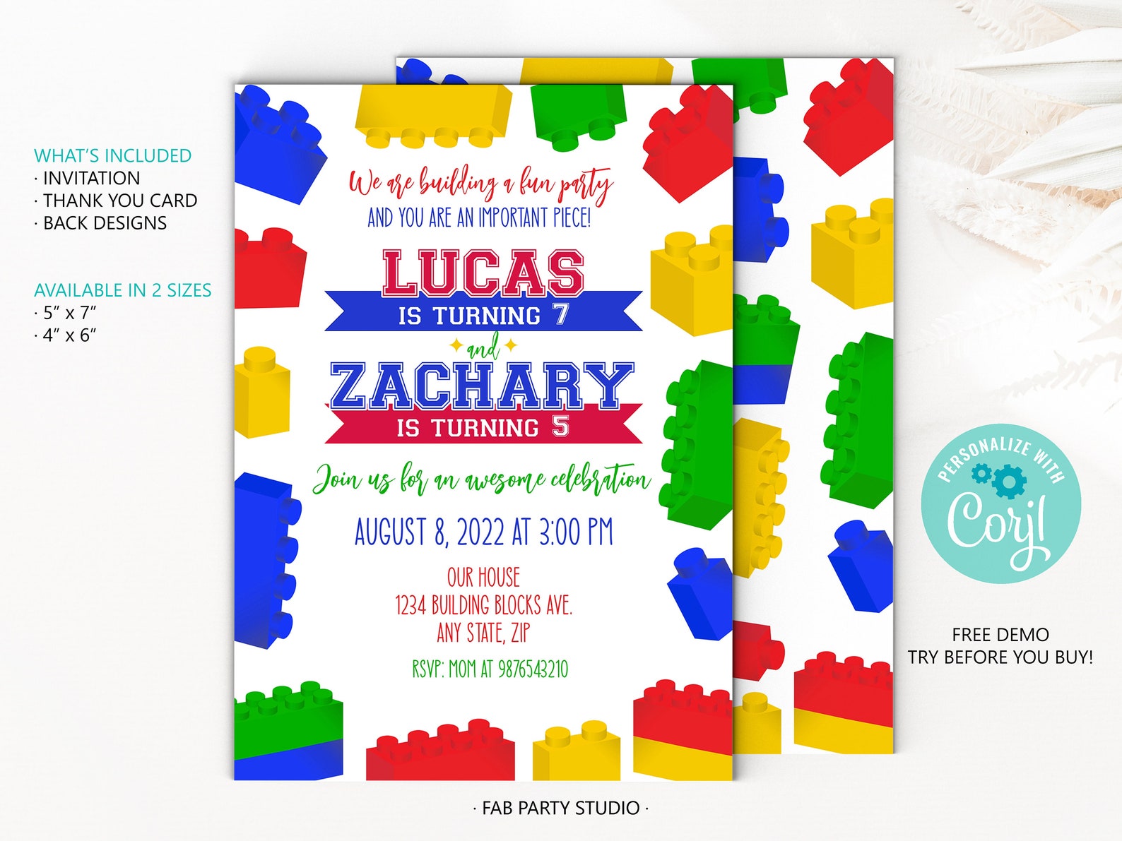 Building Blocks Joint Birthday Party Invitation Toy Bricks - Etsy