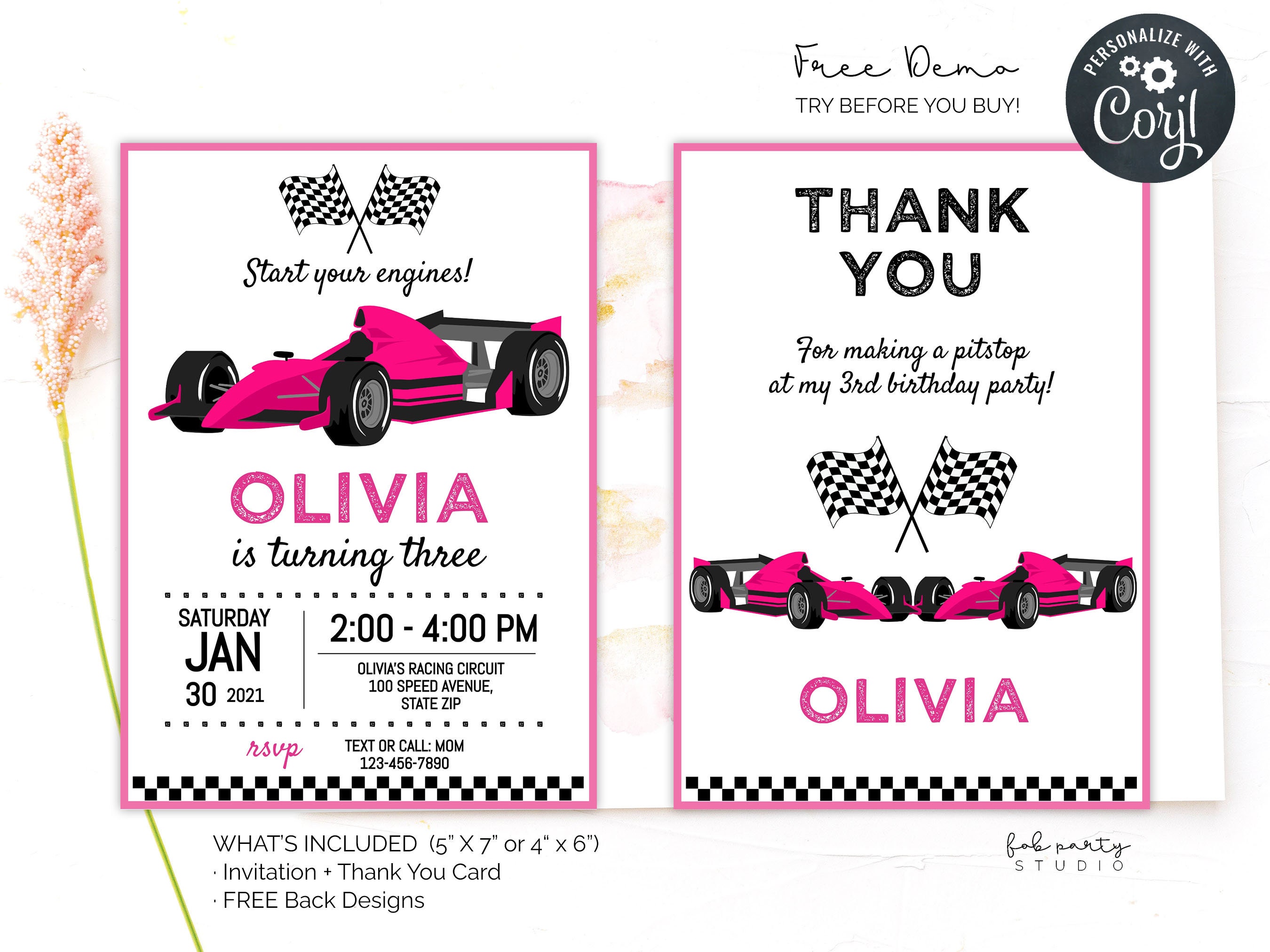 Pink Race Car Birthday Party Invitation Thank You Card - Etsy