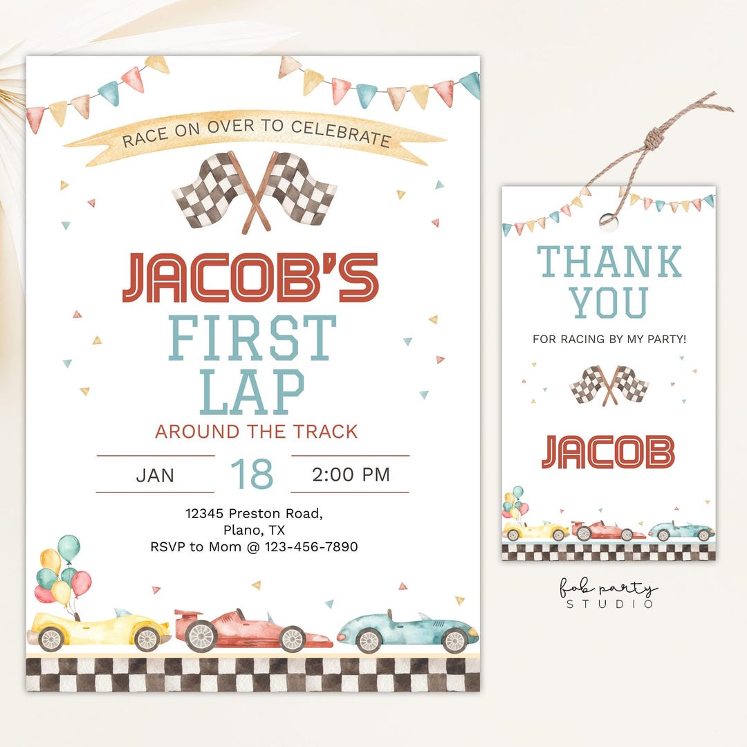 Race Cars First Lap Around the Track Birthday Party Invitation + Favor ...