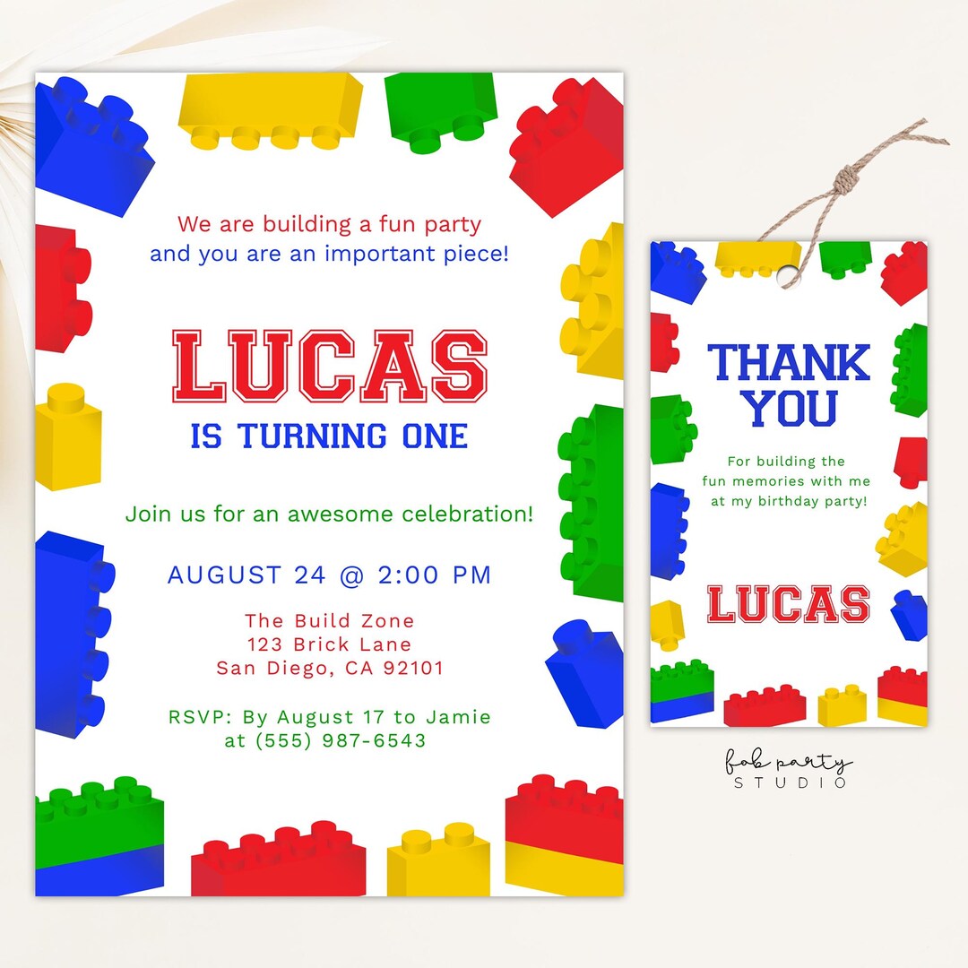 Building Blocks Birthday Invitation + Favor Tag, Editable Toy Brick ...