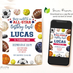 All Star Sports Party Invite + Thank You Card Digital Template | Sports ...
