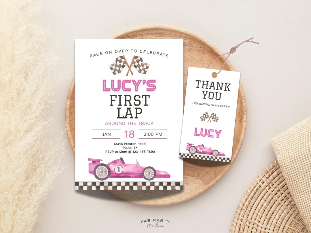 First Lap Around the Track Birthday Invitation & Favor Tag | Pink Race ...