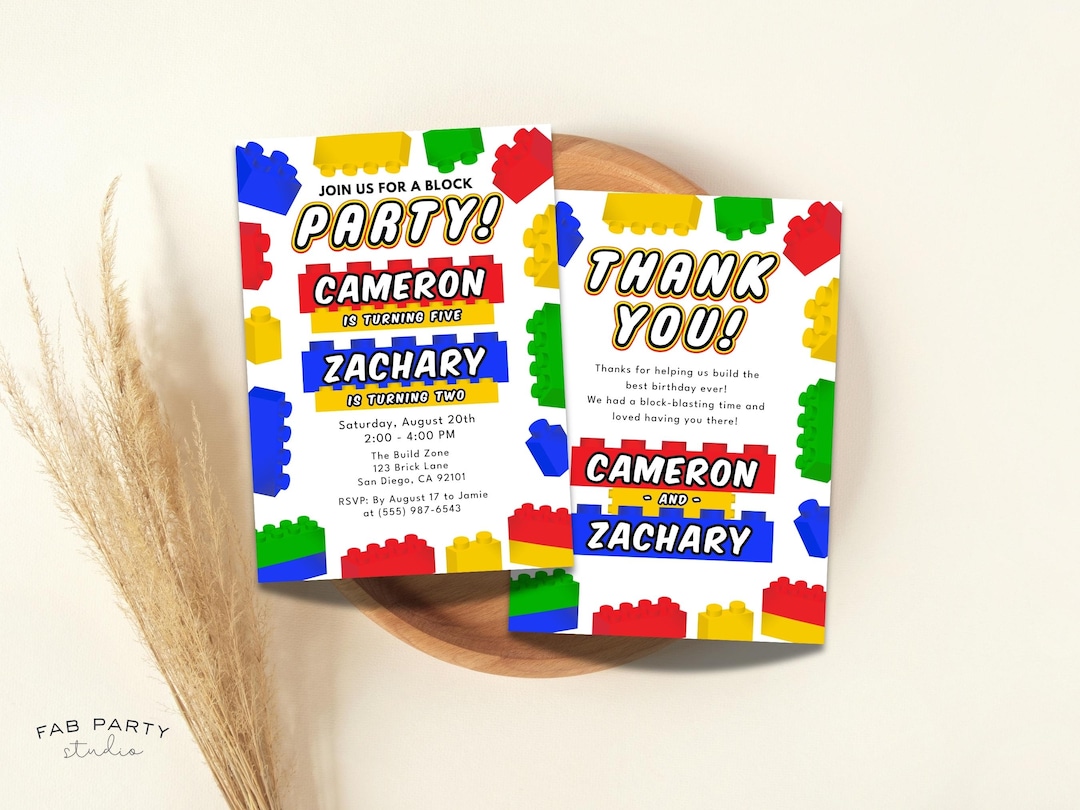 Building Blocks Joint Birthday Invitation & Thank You Card | Toy Bricks ...