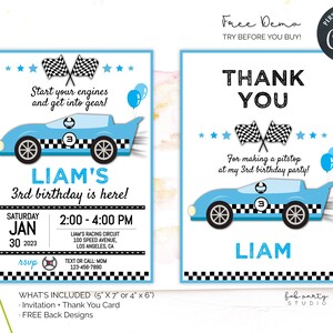 Blue Race Car Birthday Party Invitation Thank You Card Kids Speed ...