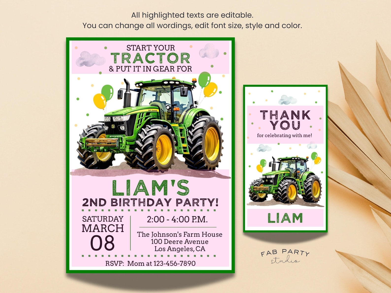 Green Tractor Birthday Invitation & Favor Tag | Rustic Farm Theme ...