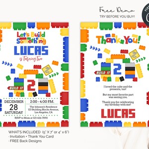 Building Blocks Birthday Party Invitation Thank You Card Editable ...