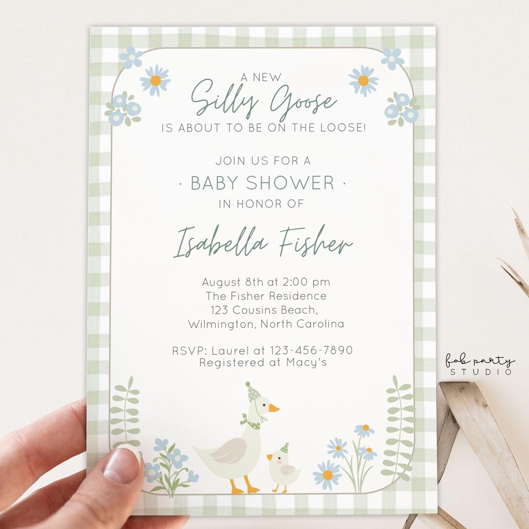 Silly Goose Baby Shower Invitation Boy | Minimalist Sage Green Gingham ...