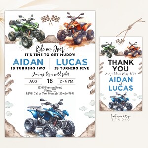 ATV Quad Bike Joint Birthday Party Invitation + Favor Tag | Editable ...
