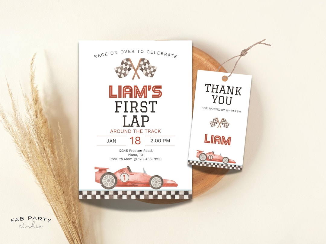 First Lap Around the Track Birthday Invitation & Favor Tag | Red Race ...