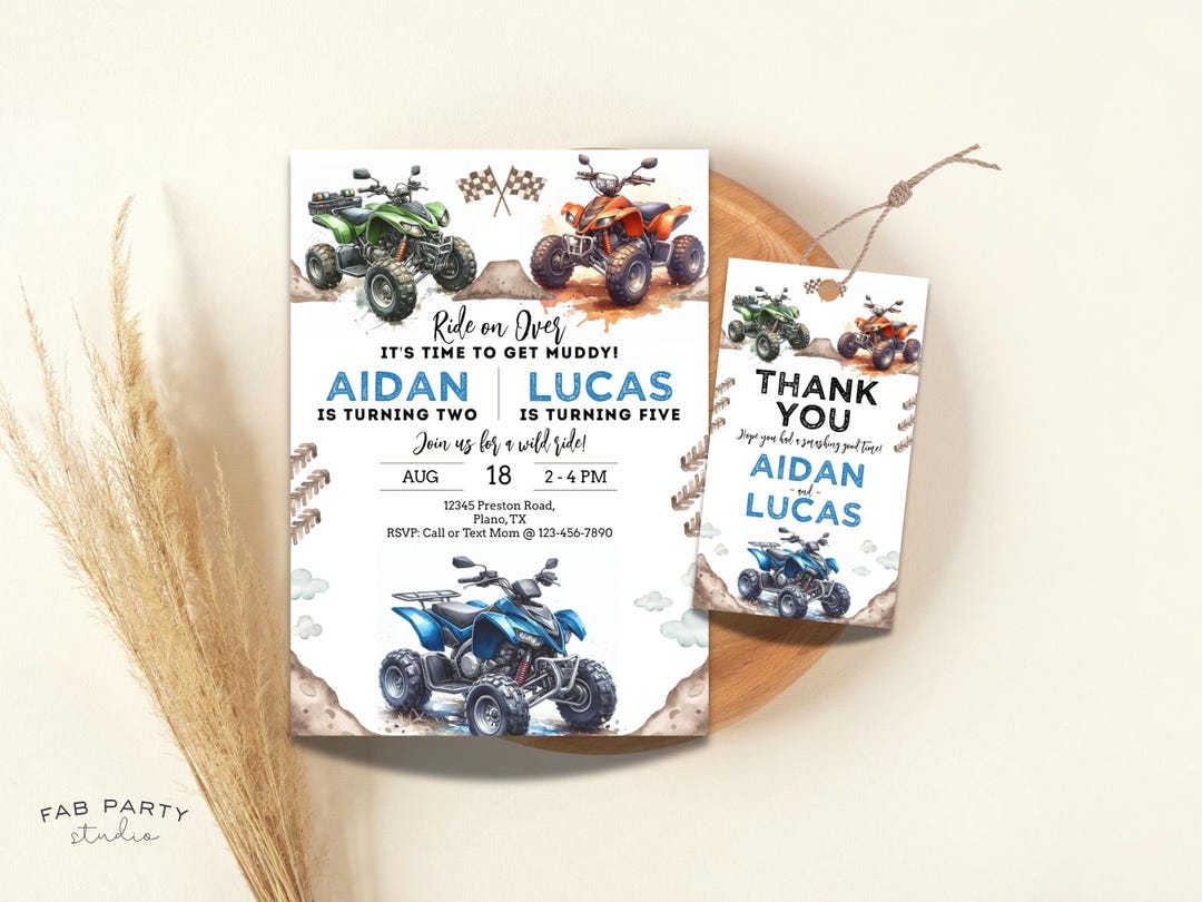 ATV Quad Bike Joint Birthday Invitation + Favor Tag | off Road ...