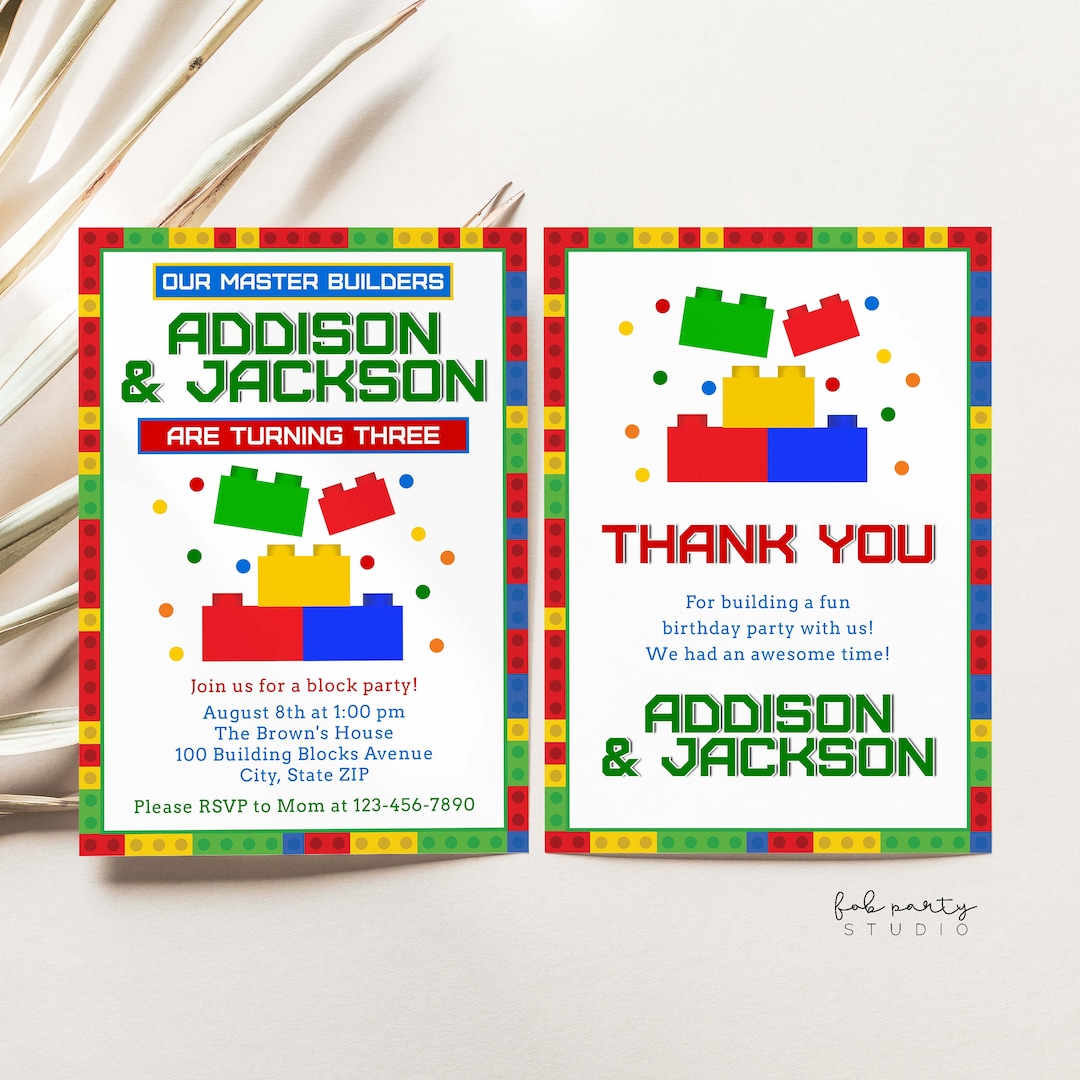 Building Blocks Twins Birthday Party Invitation Thank You Card Digital ...