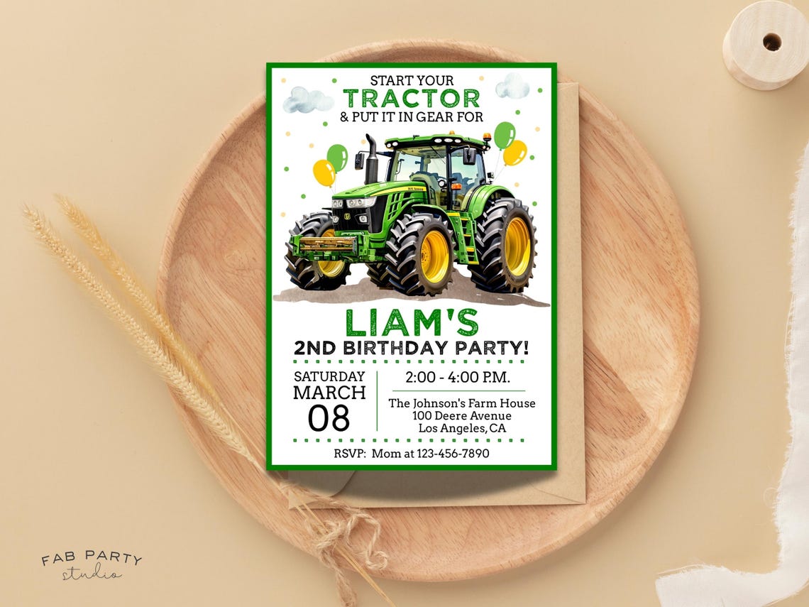 Green Tractor Birthday Invitation & Favor Tag | Rustic Farm Theme ...