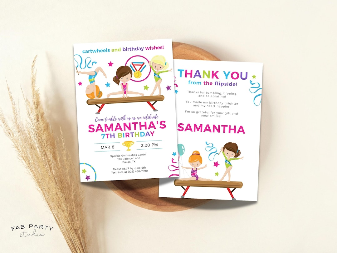 Gymnastics Birthday Invitation & Thank You Card | Gym Play Theme Party ...