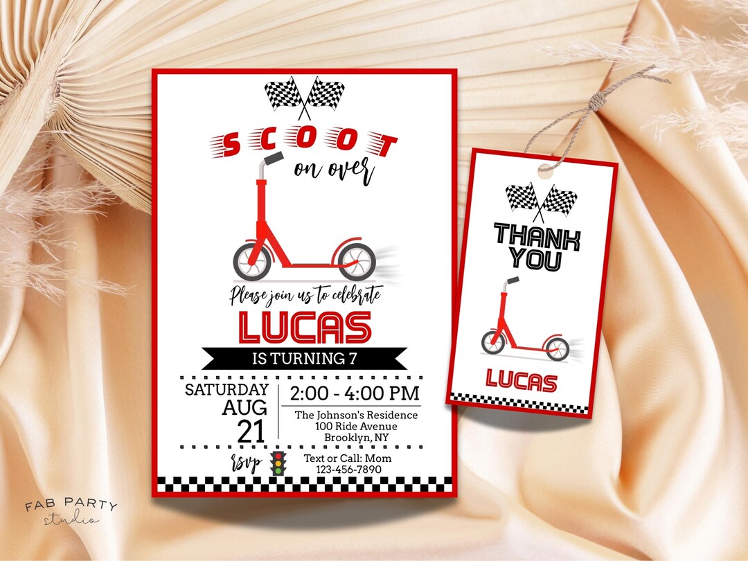 Red Scooter Birthday Invitation + Favor Tag | Editable Kid Skater Bike ...
