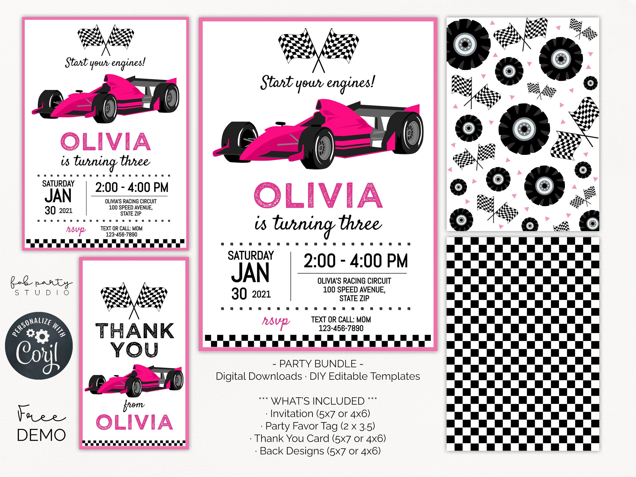 Pink Race Car Birthday Party Invitation Thank You Card - Etsy