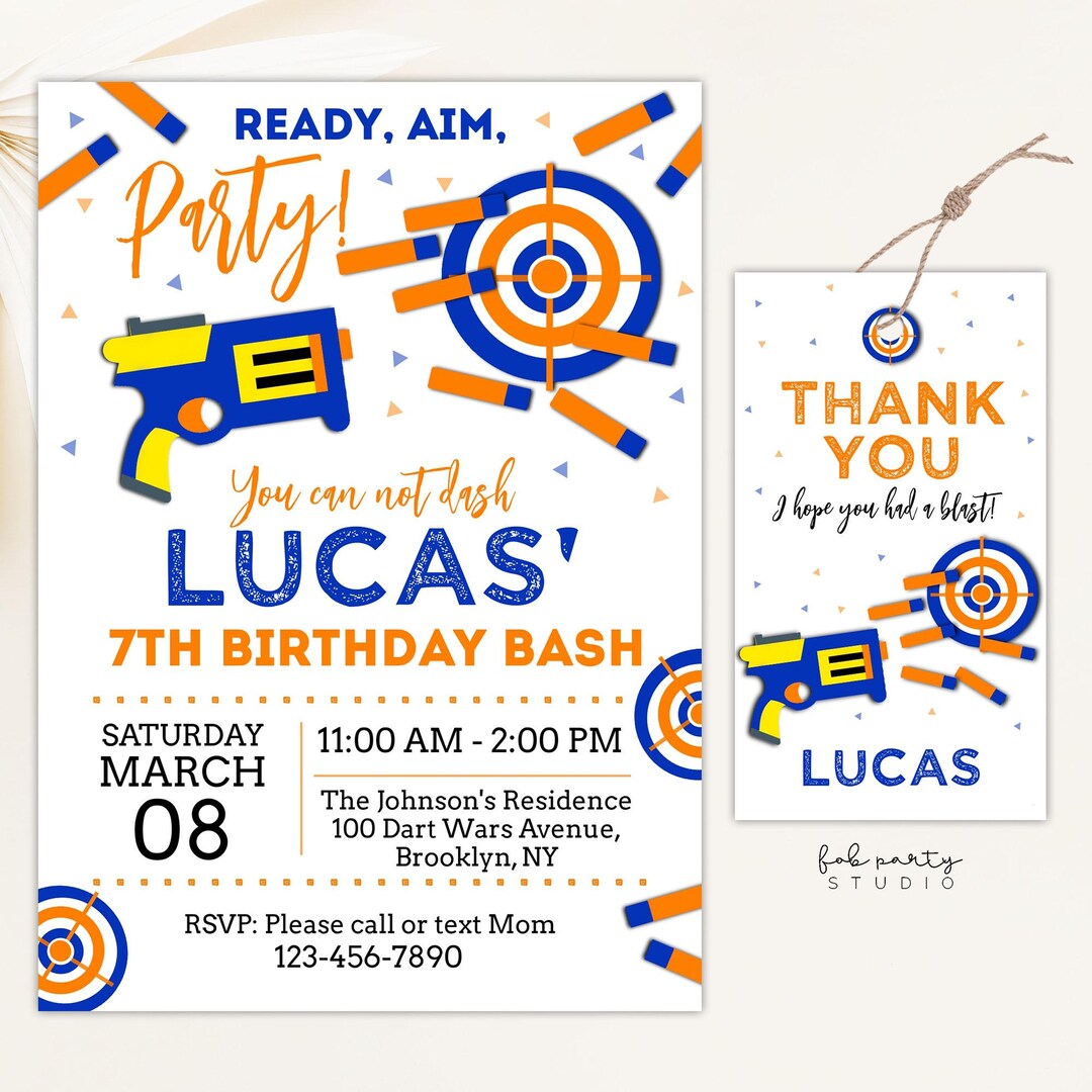 Dart Gun Birthday Invitation & Favor Tag | Toy Blaster Party Invite ...