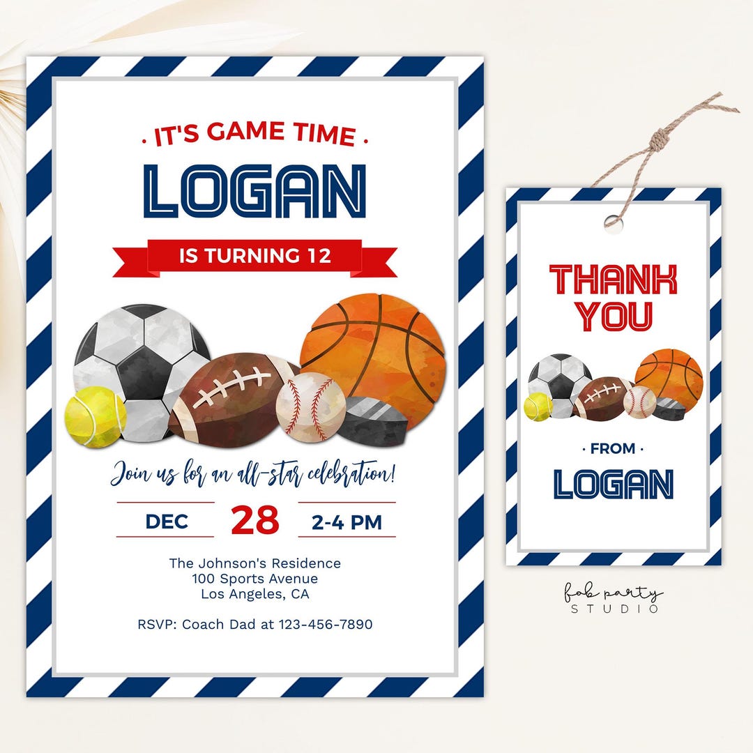 Sports Ball Games Birthday Party Invitation + Favor Tag Digital ...
