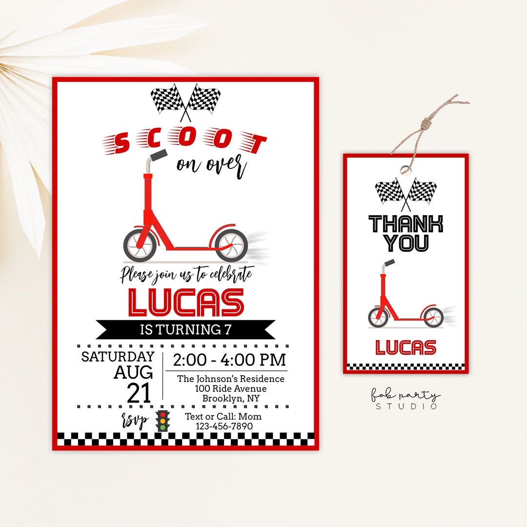 Red Scooter Birthday Party Invitation Favor Tag Digital Template, Kid ...