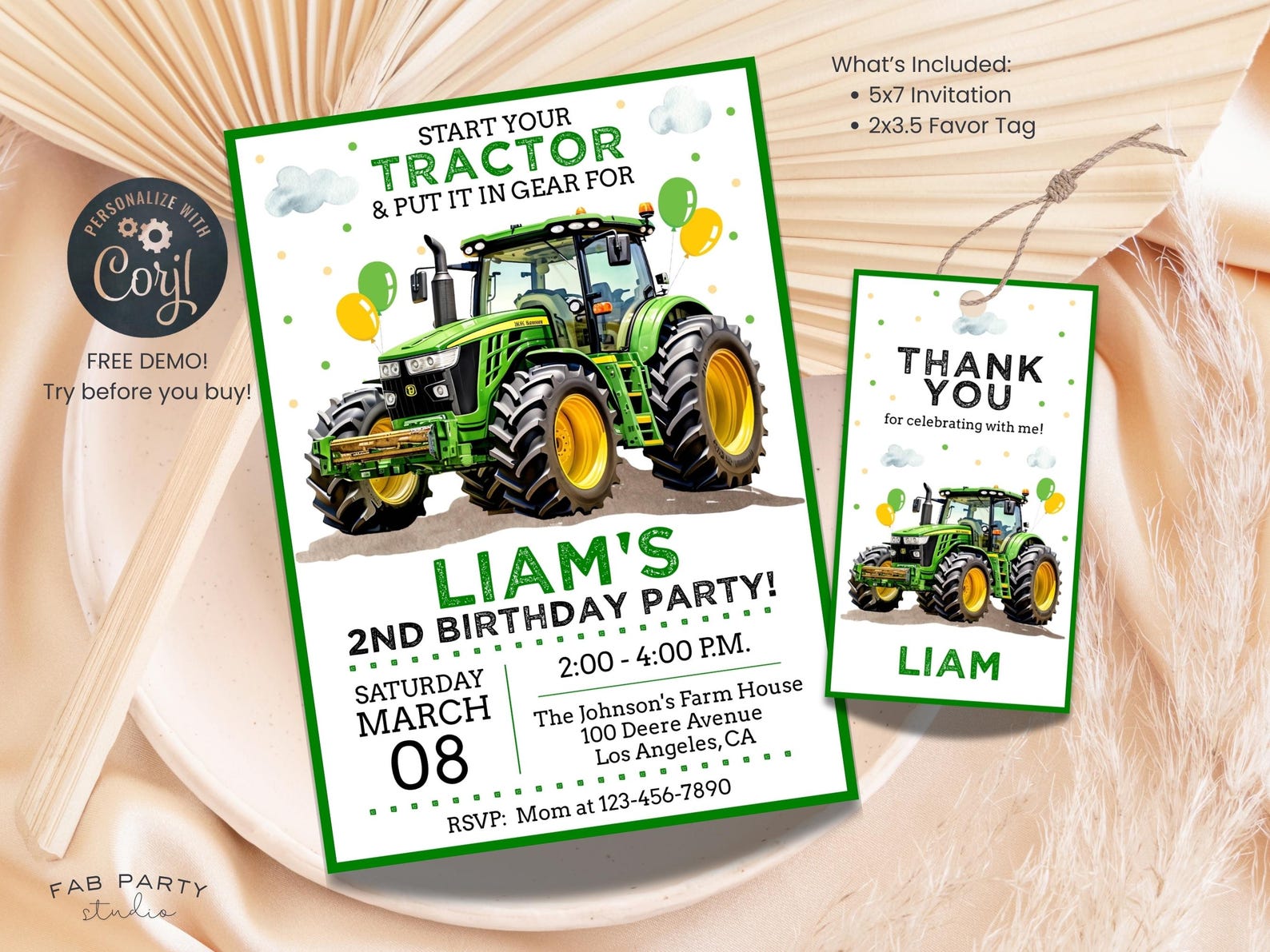 Green Tractor Birthday Invitation & Favor Tag | Rustic Farm Theme ...