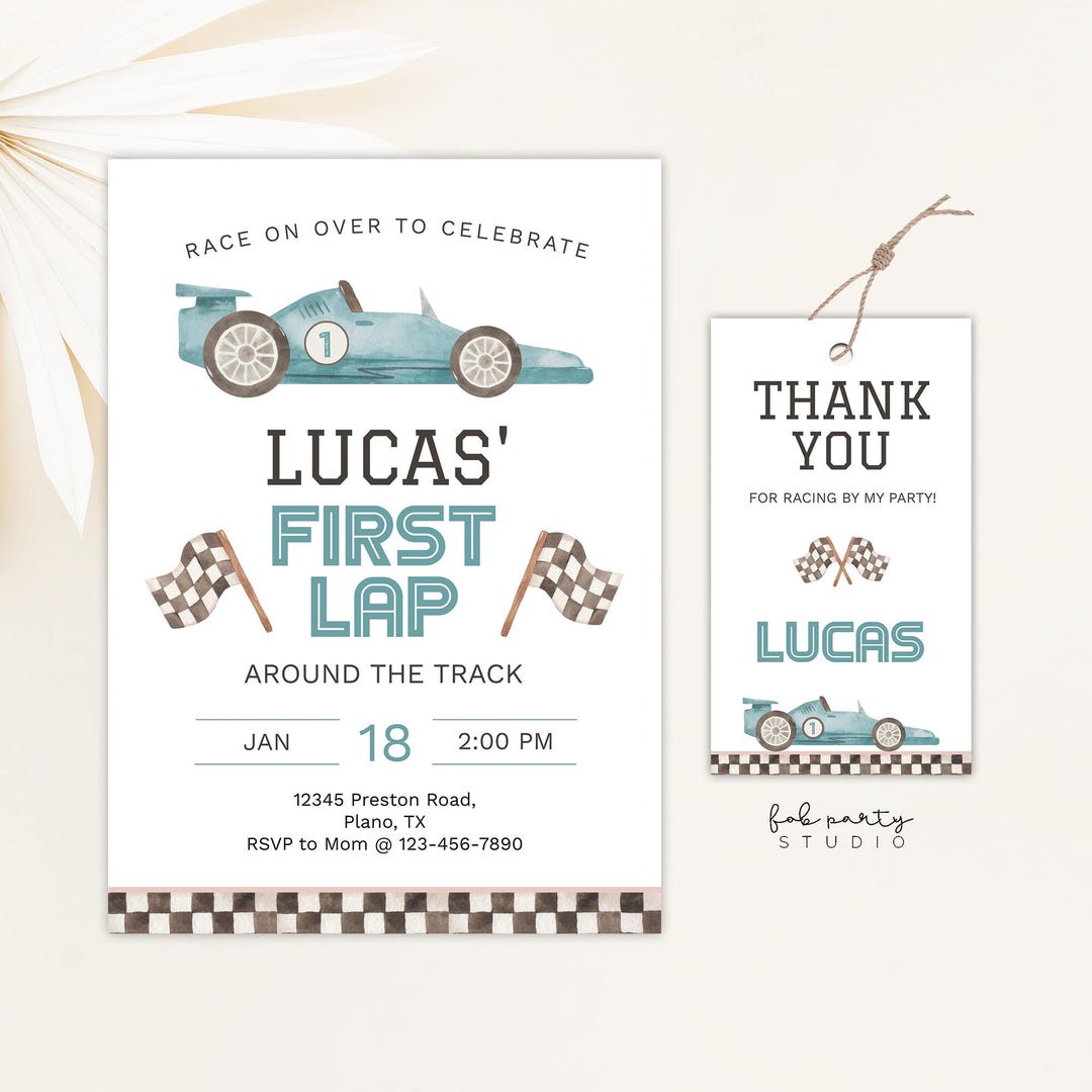 Race Car First Lap Around the Track Birthday Party Invitation + Favor ...