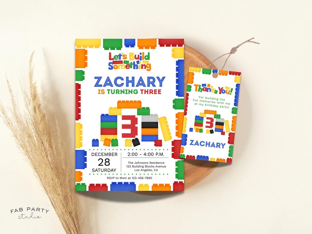 Building Blocks Birthday Invitation + Favor Tag | Toy Bricks Theme ...