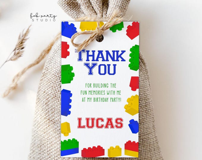 Colourful Bricks Thank You Labels for Birthday Decor, Custom Name Thank ...