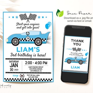 Blue Race Car Birthday Party Invitation Thank You Card Kids Speed ...