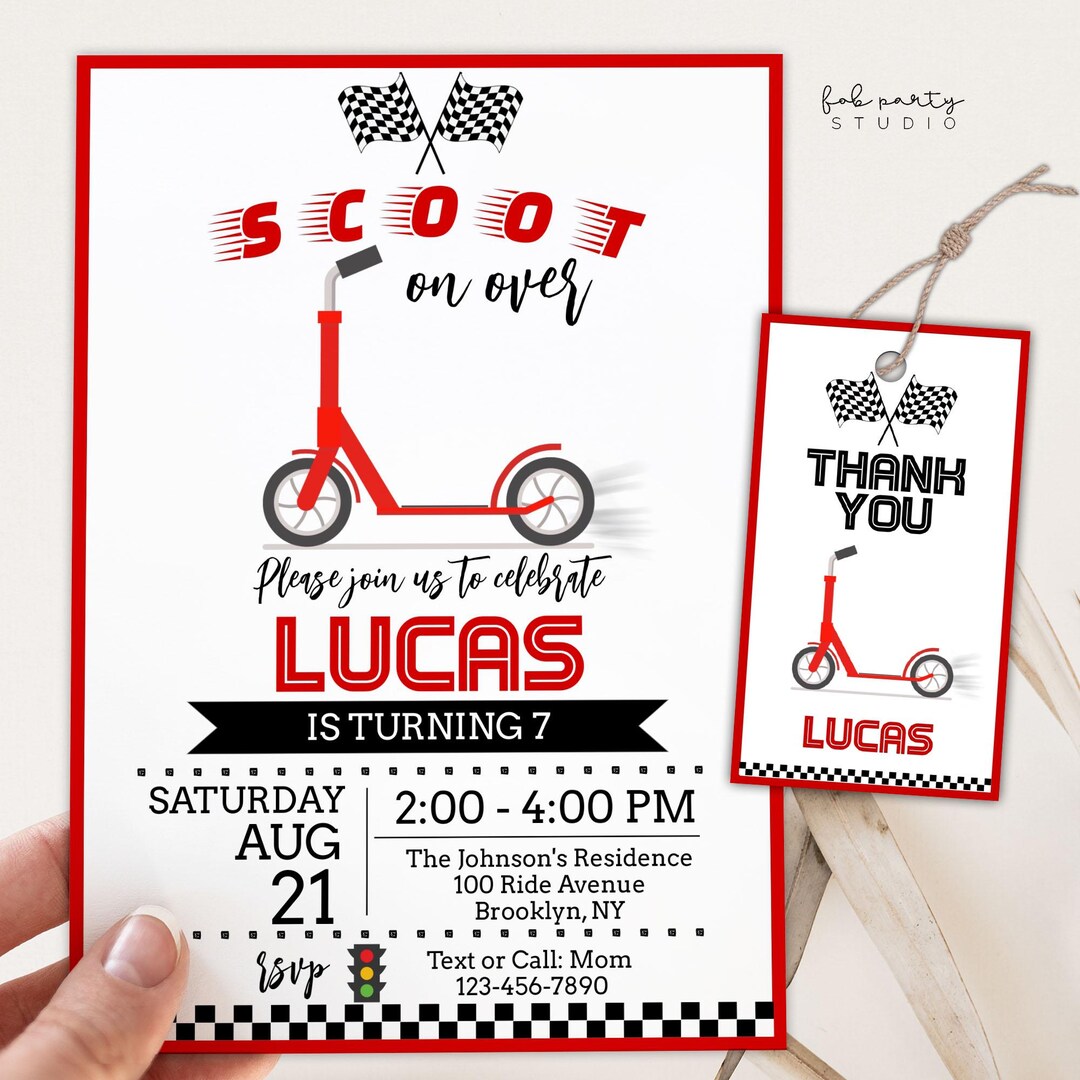 Red Scooter Birthday Invitation + Favor Tag | Editable Kid Skater Bike ...
