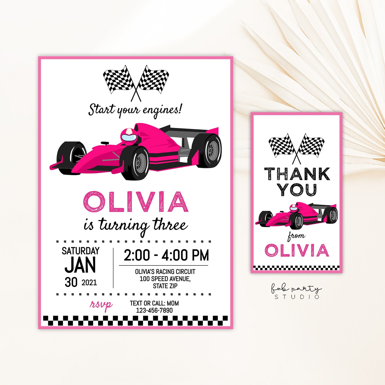 Pink Race Car Birthday Party Invitation Favor Tag Digital - Etsy