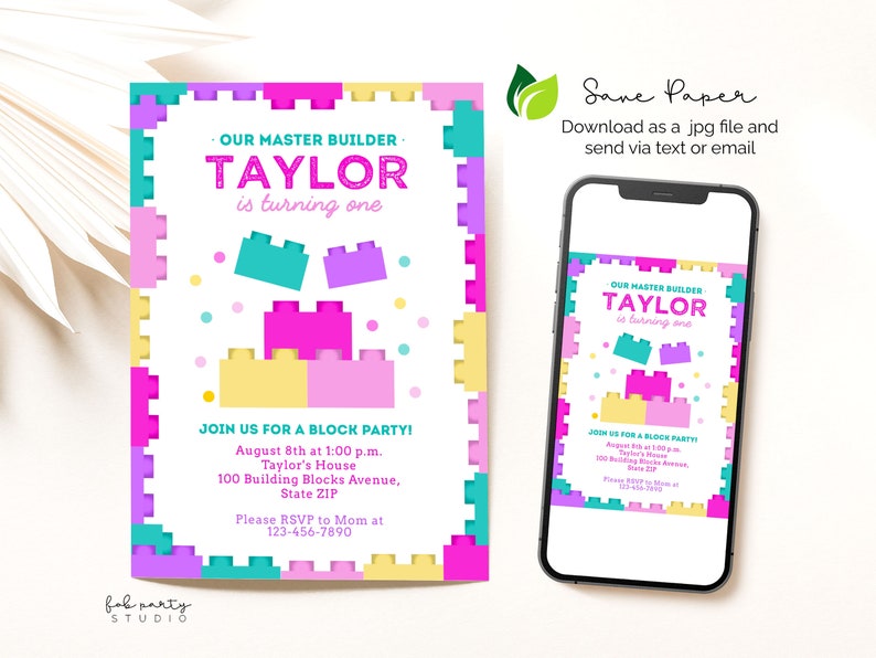 Pastel Building Blocks Birthday Invitation Thank You Card - Etsy