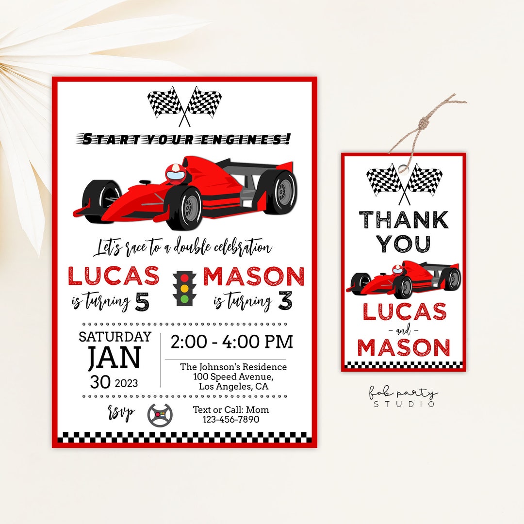 Red Race Car Joint Birthday Party Invitation Favor Tag Digital Template ...