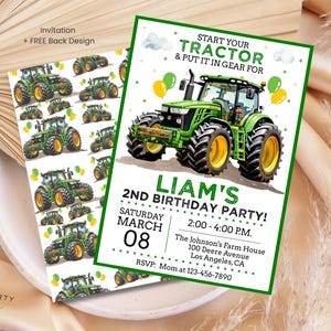 Green Tractor Birthday Invitation & Favor Tag | Rustic Farm Theme ...