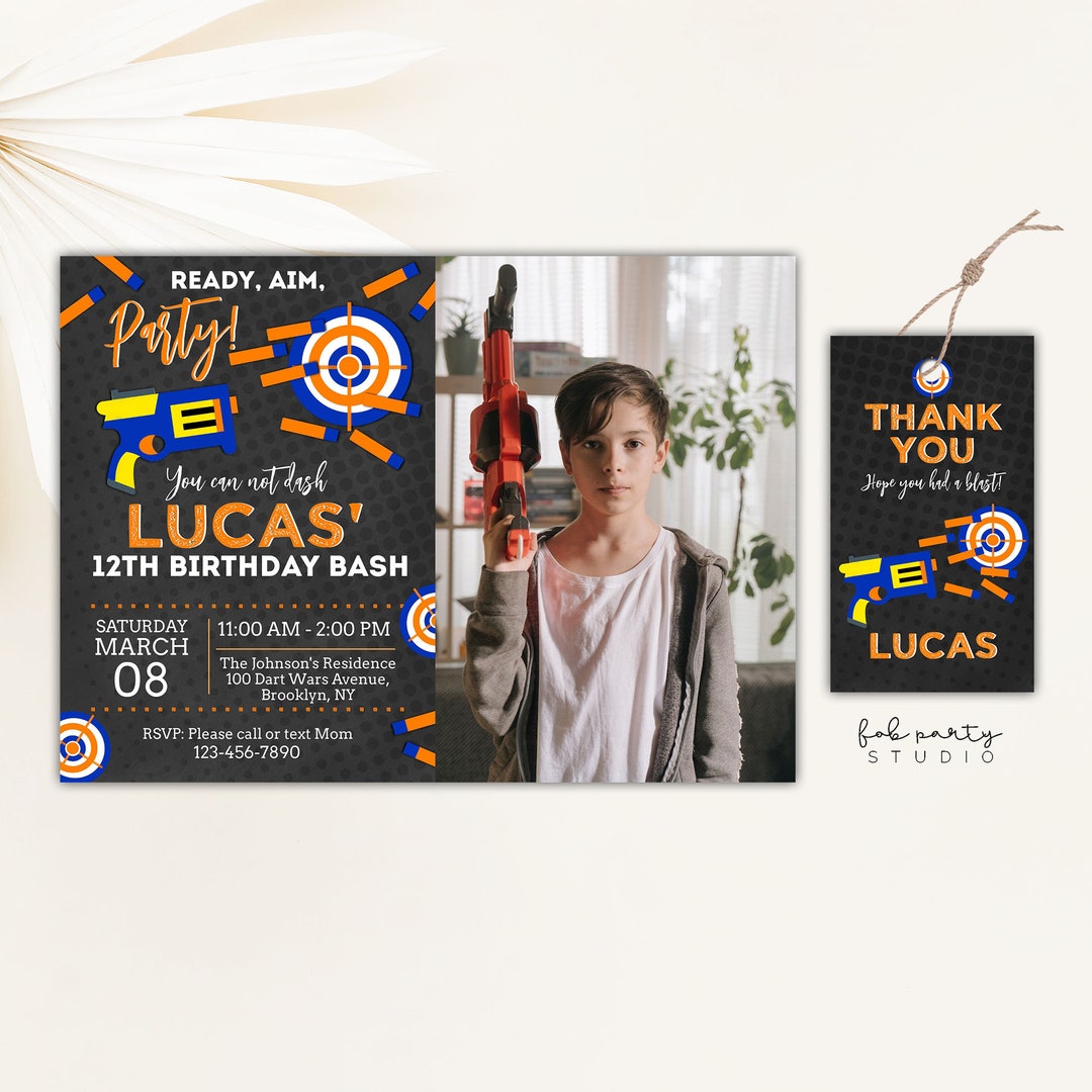 Dart Gun Wars Birthday Party Invitation With Photo Favor Tag, Toy Gun ...
