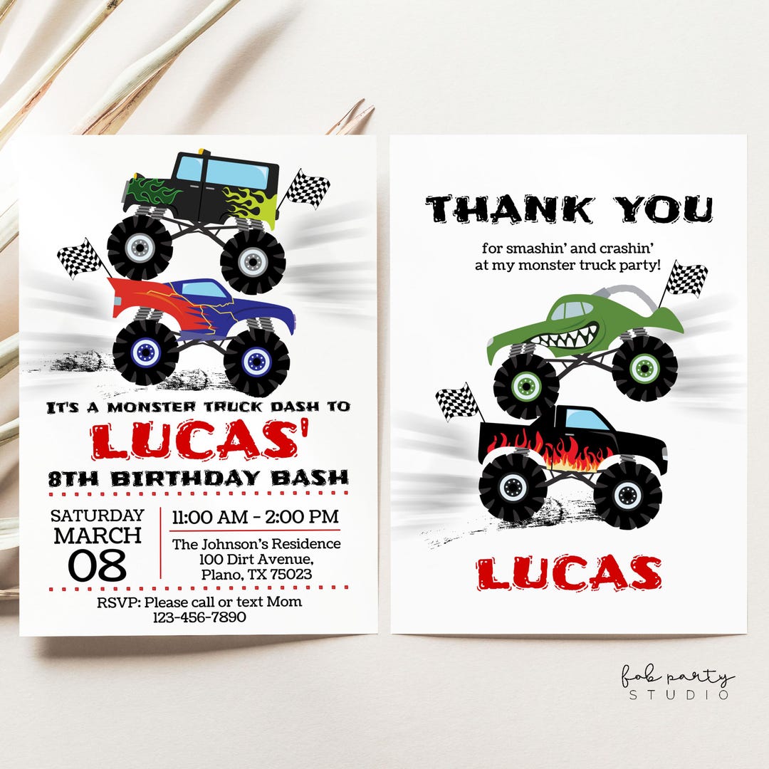 Monster Trucks Birthday Party Invitation + Thank You Card | Monster Jam ...