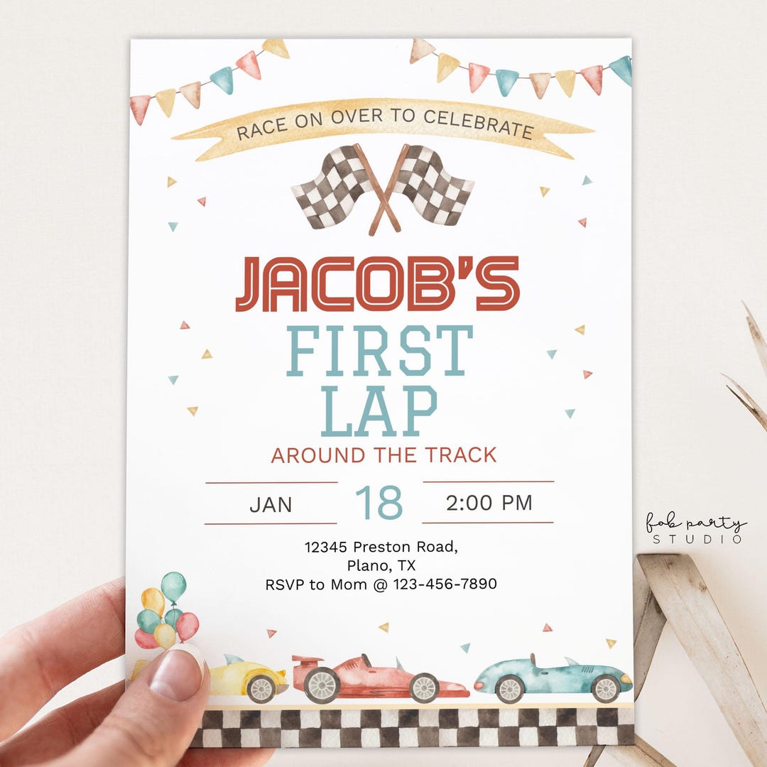 Colorful Race Cars First Lap Around the Track Birthday Party Invitation ...