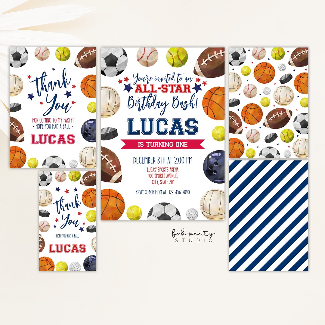 All Star Sports Birthday Party Invitation Thank You Card Favor Tag ...