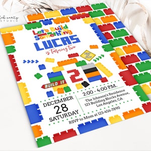 Building Blocks Birthday Party Invitation Thank You Card Editable ...