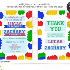 Building Blocks Joint Birthday Party Invitation + Thank You Card ...