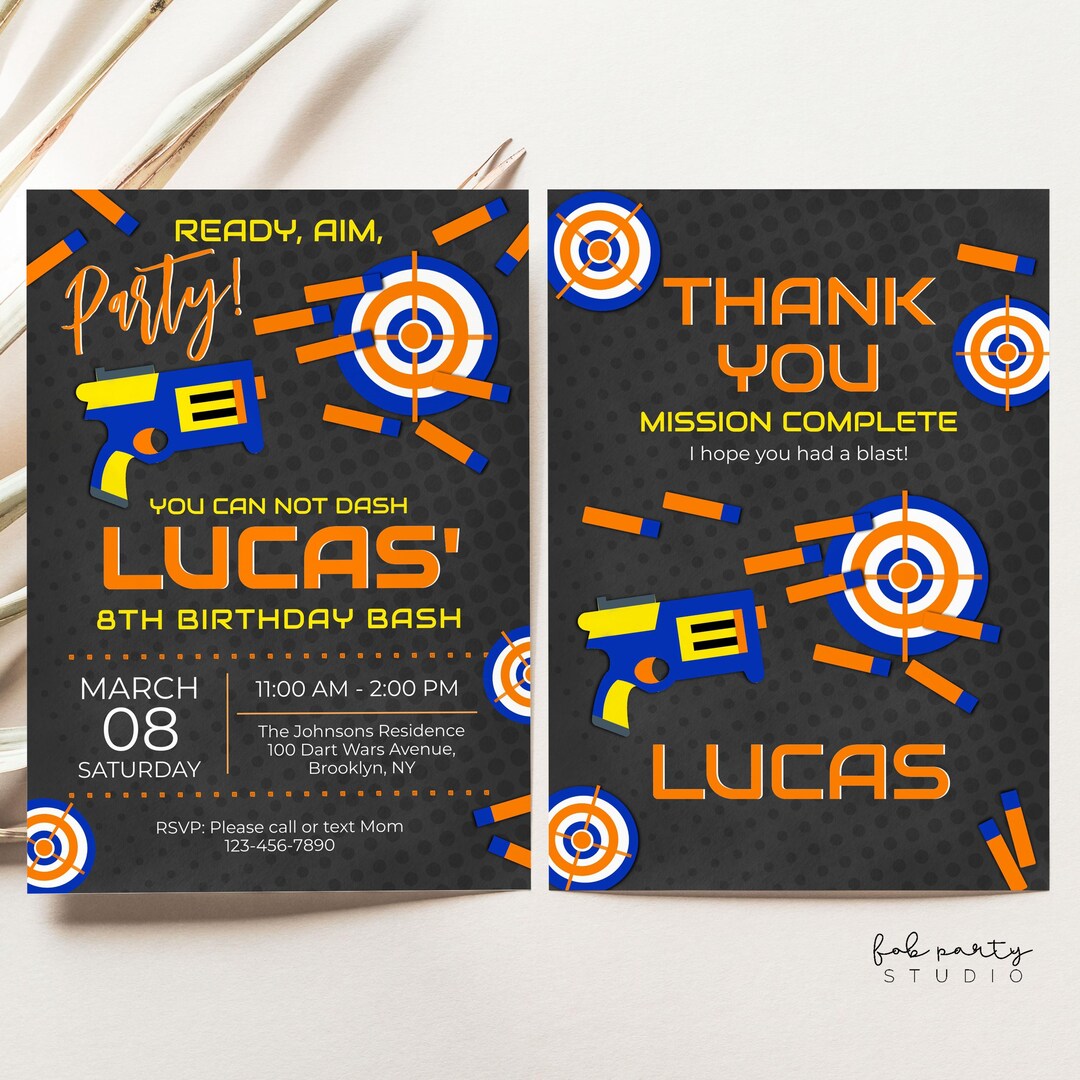 Dart Gun Birthday Invitation & Favor Tag | Toy Gun Blaster Kids Party ...