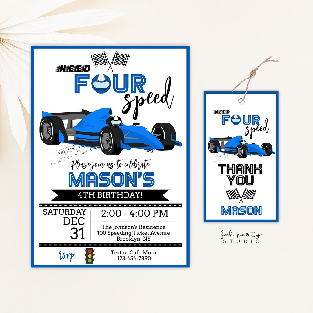 Blue Race Car Need Four Speed Birthday Party Invitation Favor Tag ...